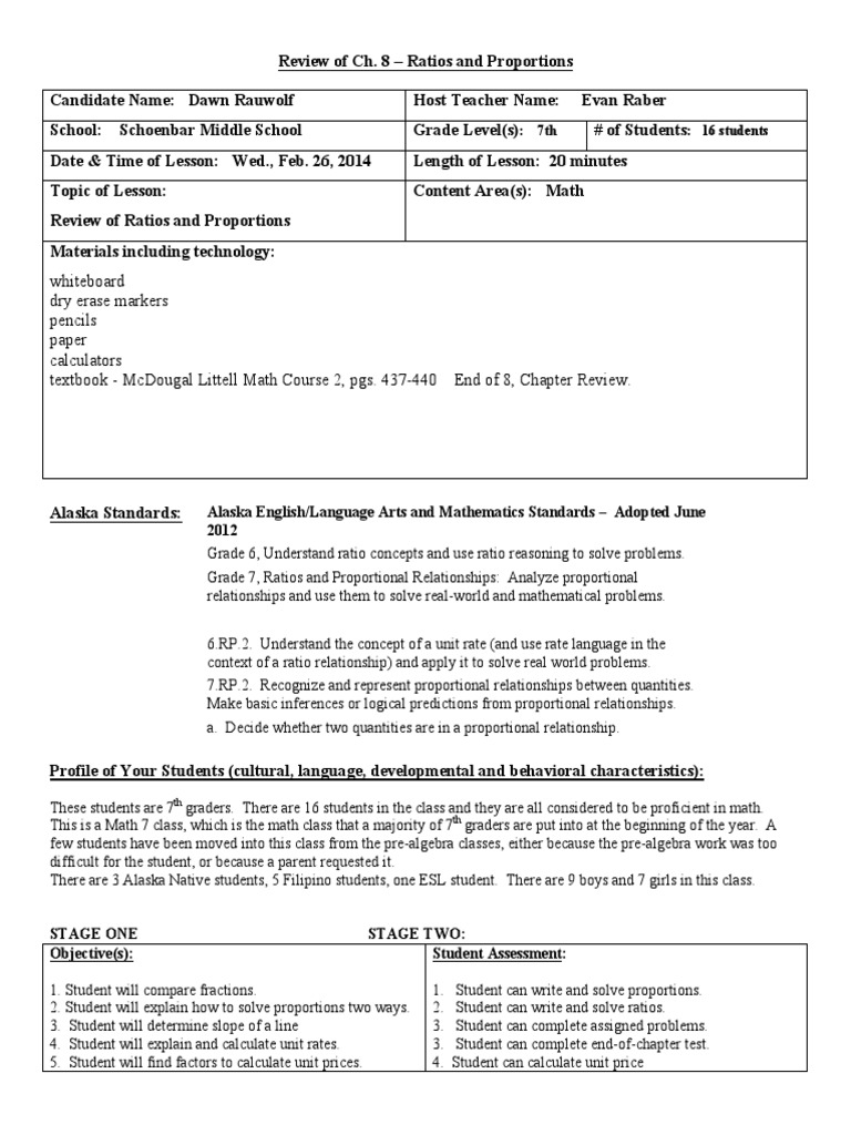 Lesson Plan - Review of Chapter 8 Ratios and Proportions | PDF | Ratio ...