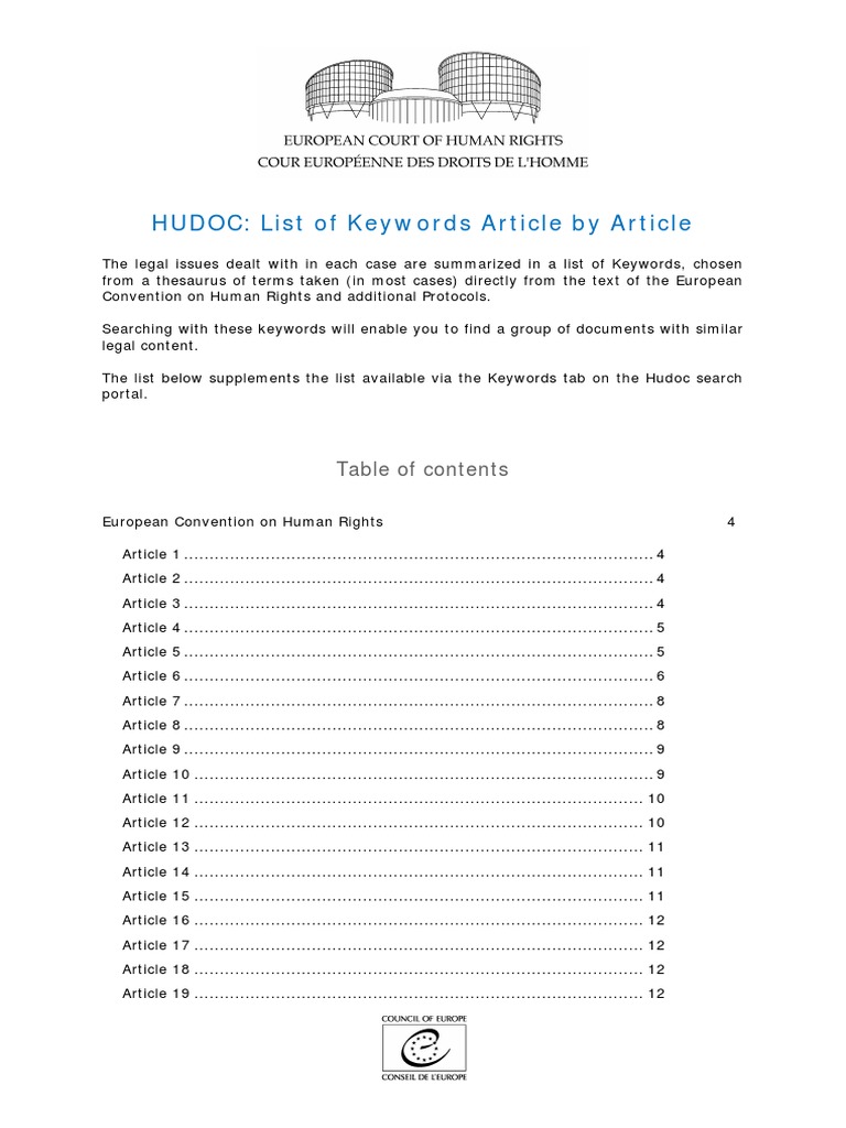 HUDOC: A Comprehensive List of Keywords for Articles of the European ...