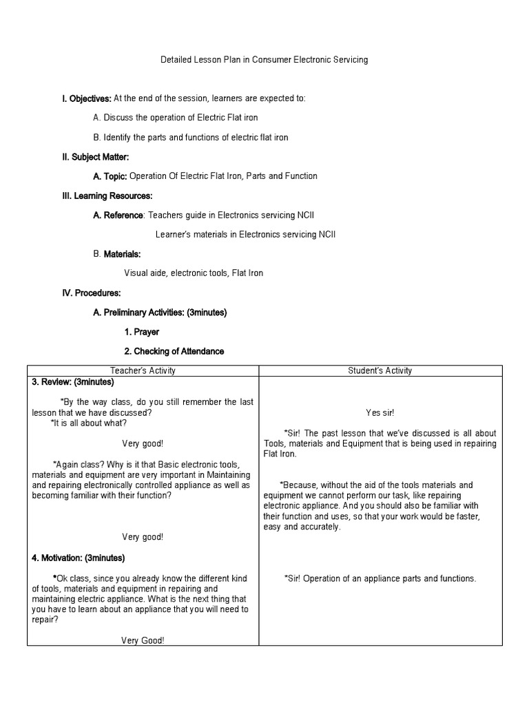 Detailed Lesson Plan in Consumer Electronic Servicing 4 | PDF | Lesson ...
