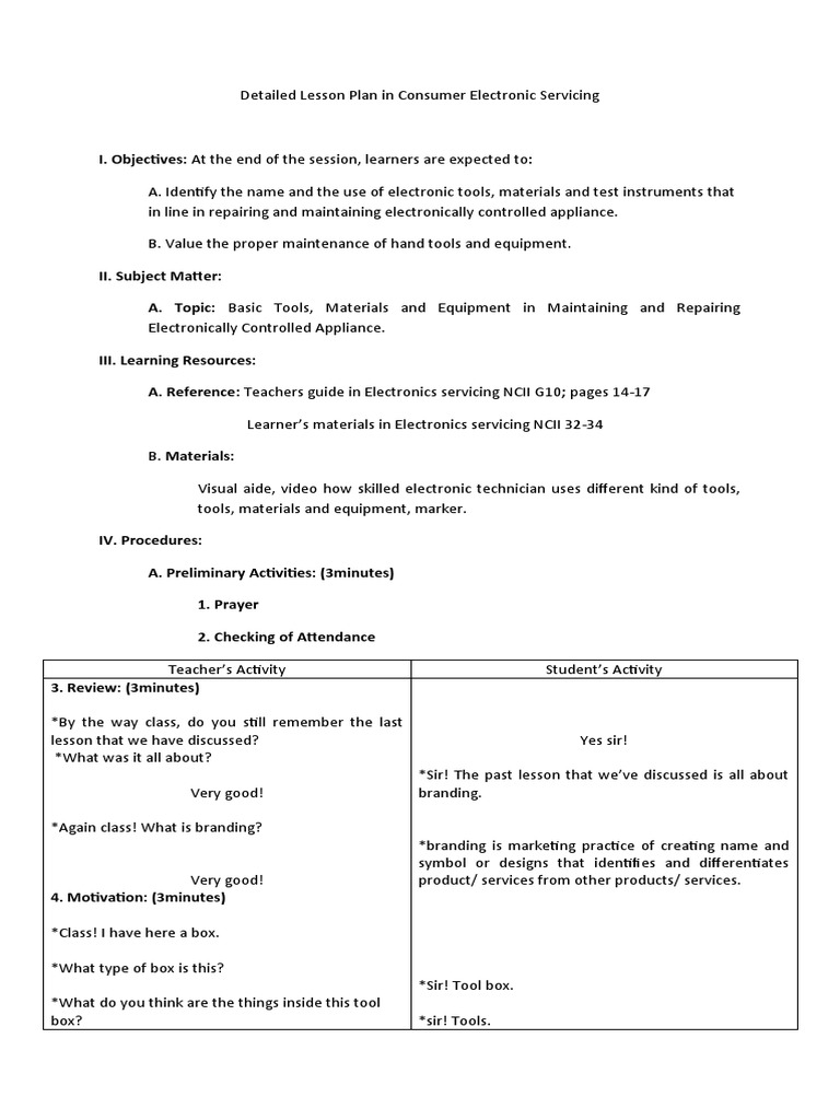 Consumer Electronics Servicing Lesson Plan | PDF | Lesson Plan | Learning