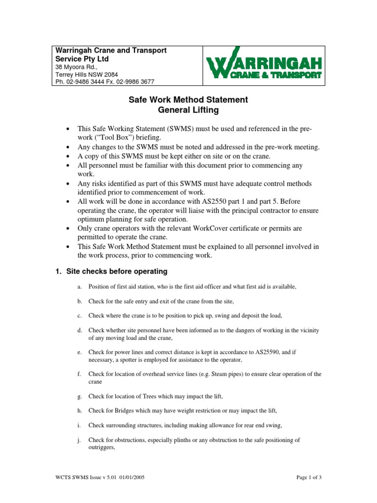 Safe Work Method Statement PDF | PDF | Crane (Machine) | Risk