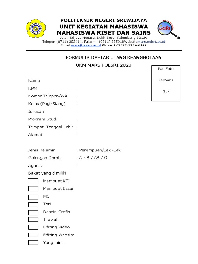 Formulir Daftar Ulang Keanggotaan UKM MARS 2020 | PDF