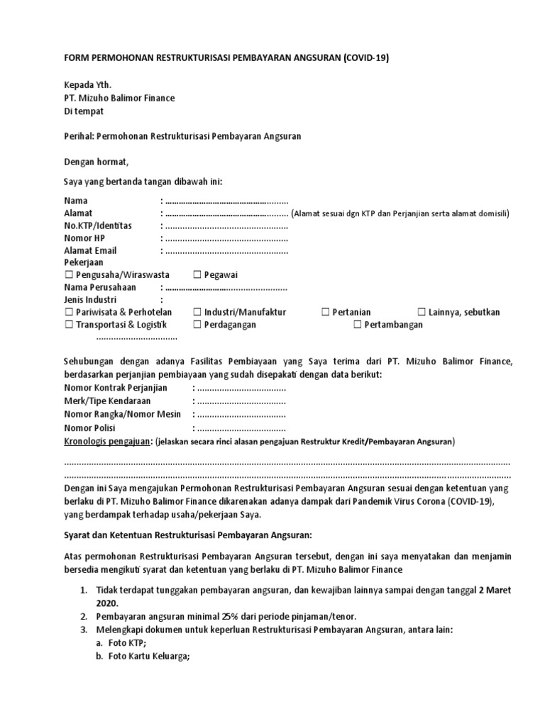 Form Pengajuan Restruktur Pembayaran Angsuran | PDF