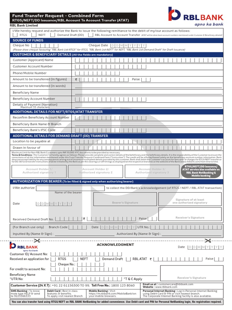 Fund Transfer Request - Combined Form: RTGS/NEFT/DD Issuance/RBL ...