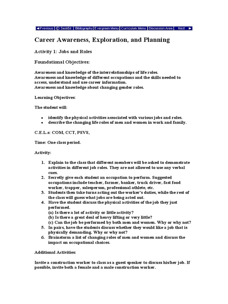 Career Awareness, Exploration, and Planning: Activity 1: Jobs and Roles ...