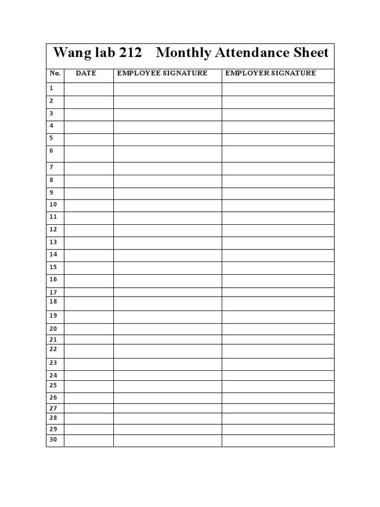 Wang Lab Monthly Attendance Sheet | PDF