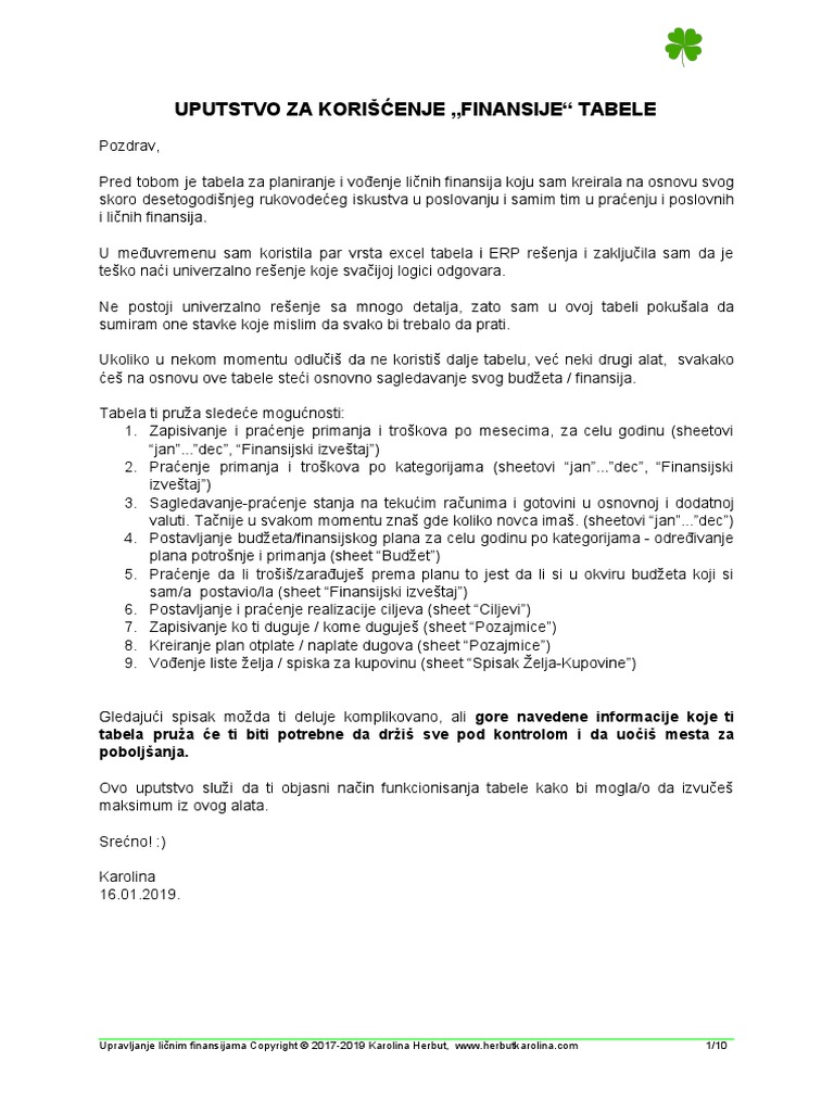 Uputstvo Za Koriscenje Finansije Tabele 16.01.2019. | PDF