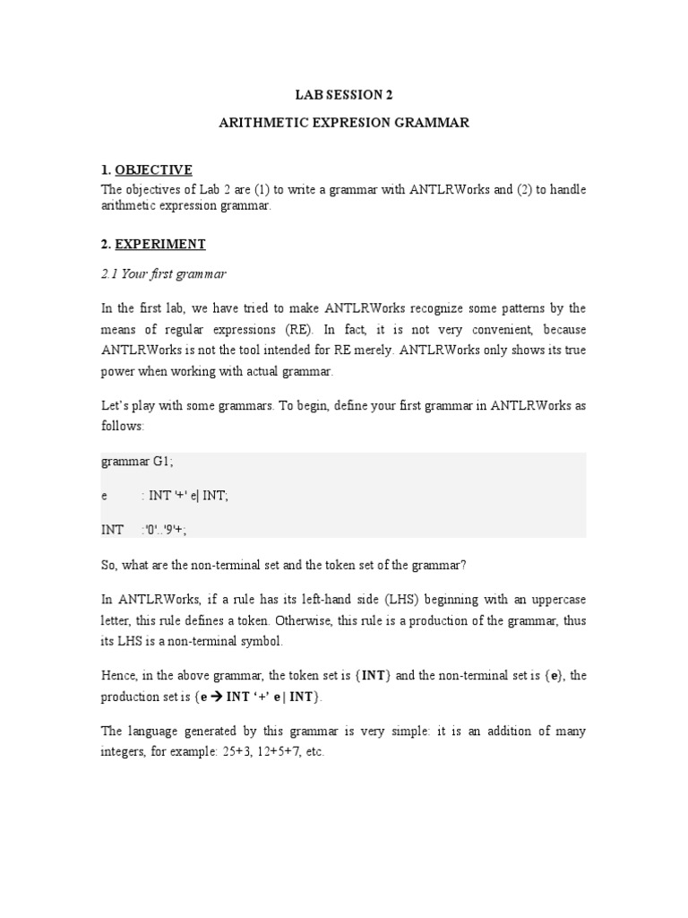 Lab Session 2 Arithmetic Expresion Grammar | PDF | Parsing | Integer (Computer Science)