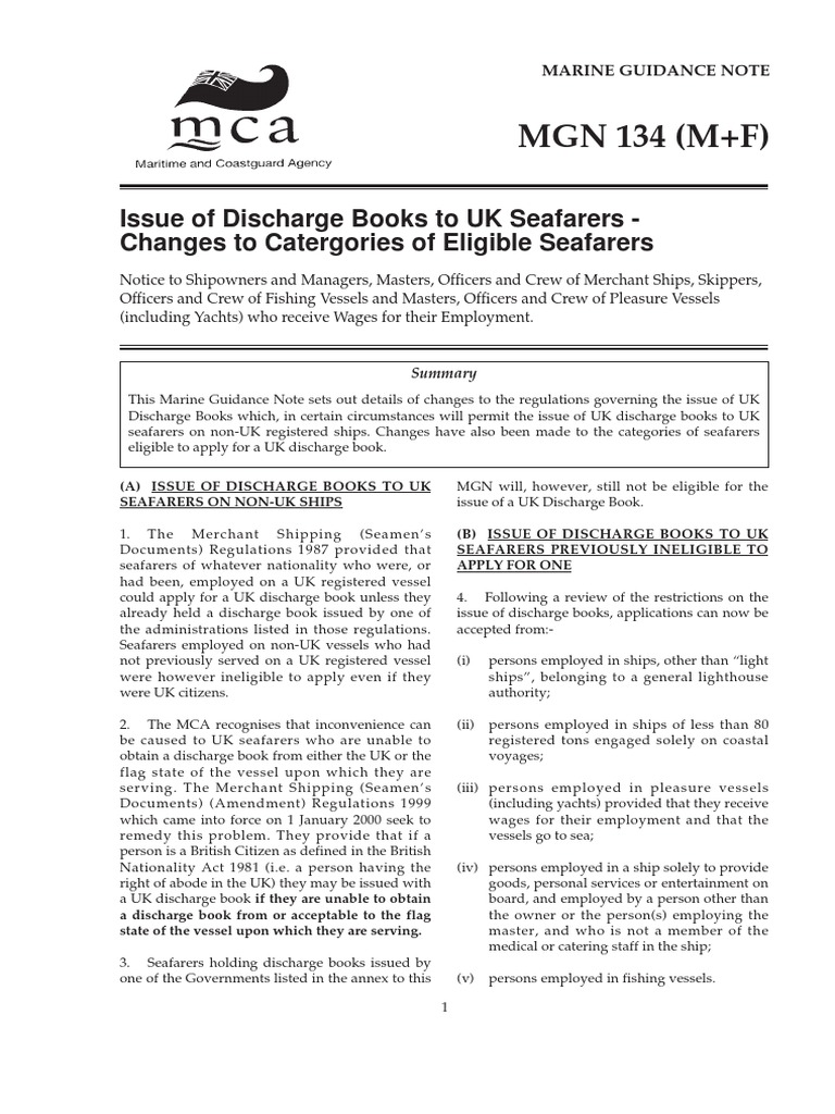 MGN 134 (M+F) : Issue of Discharge Books To UK Seafarers Changes To ...