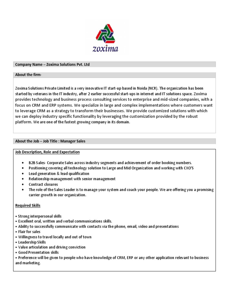 Zoxima Solutions Pvt. Ltd. Sales Manager Role | PDF