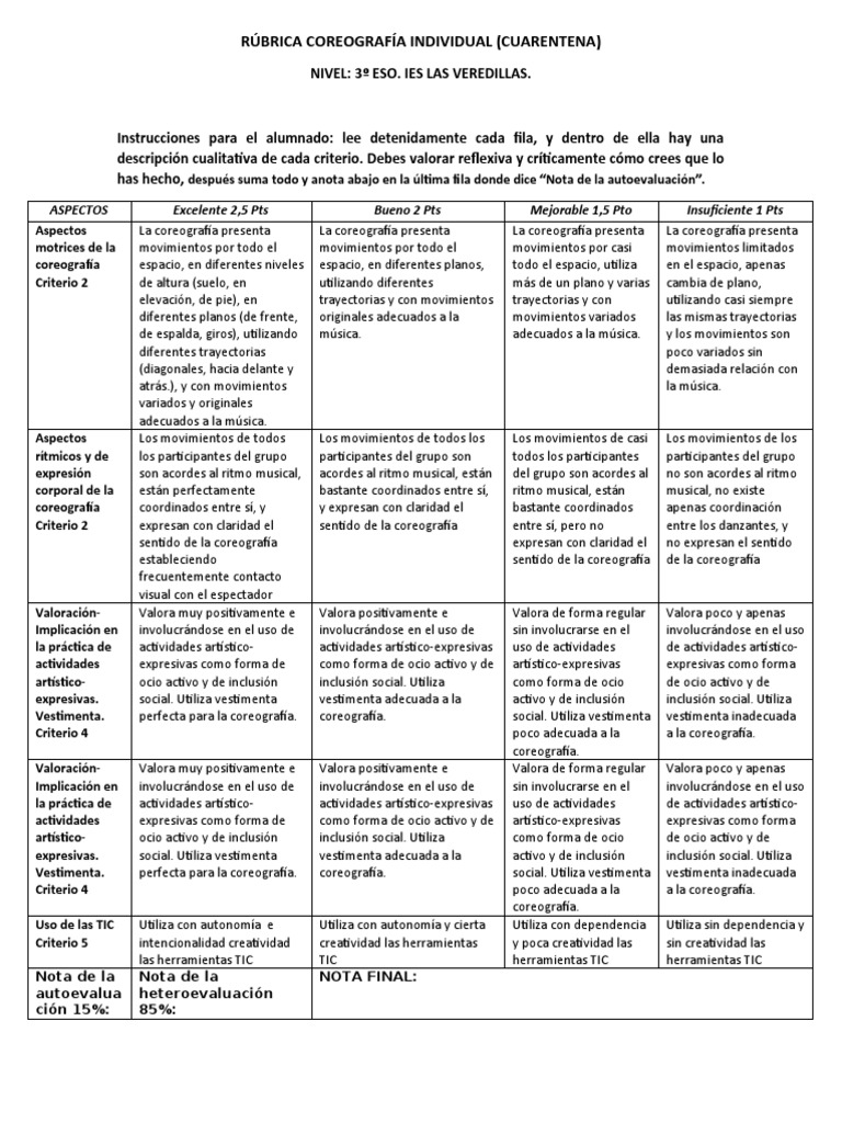 Rúbrica Coreografía Grupal | PDF | Ritmo | Ocio