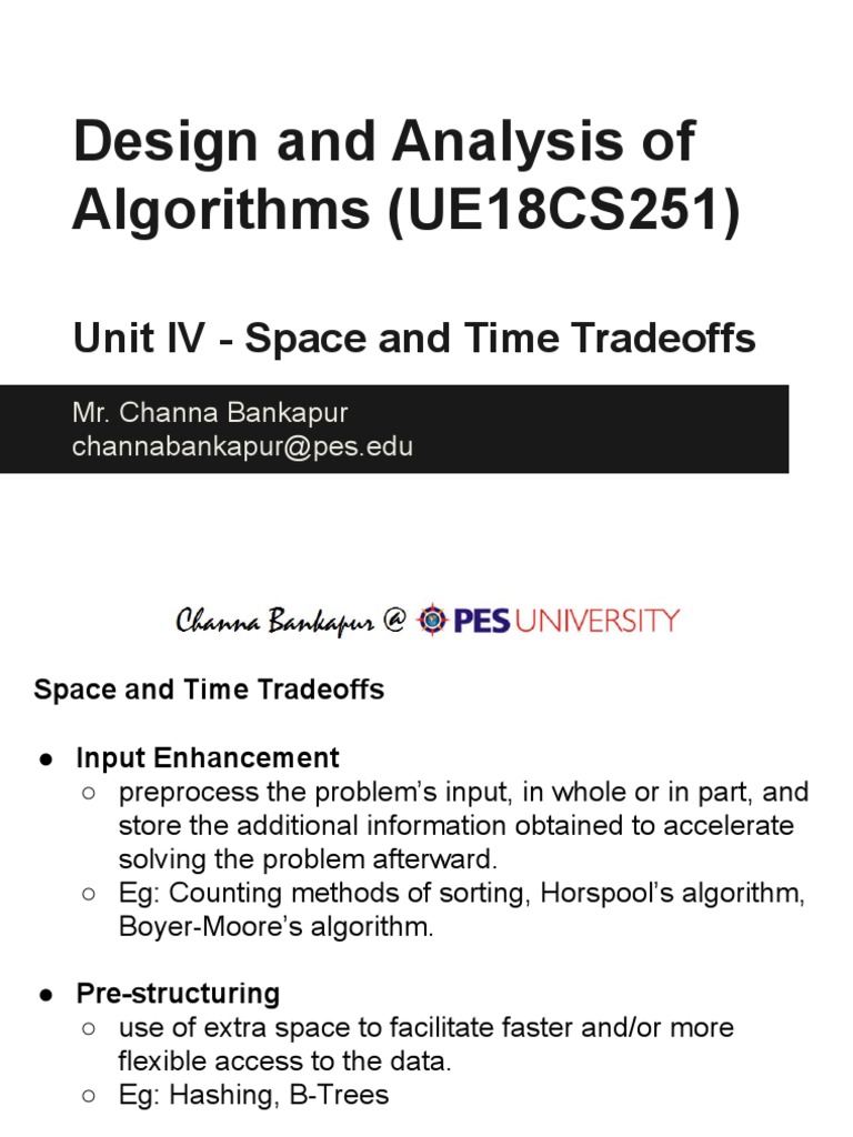 DAA - Unit IV - Space and Time Tradeoffs - Lecture Slides | PDF | Time Complexity | Computer Science