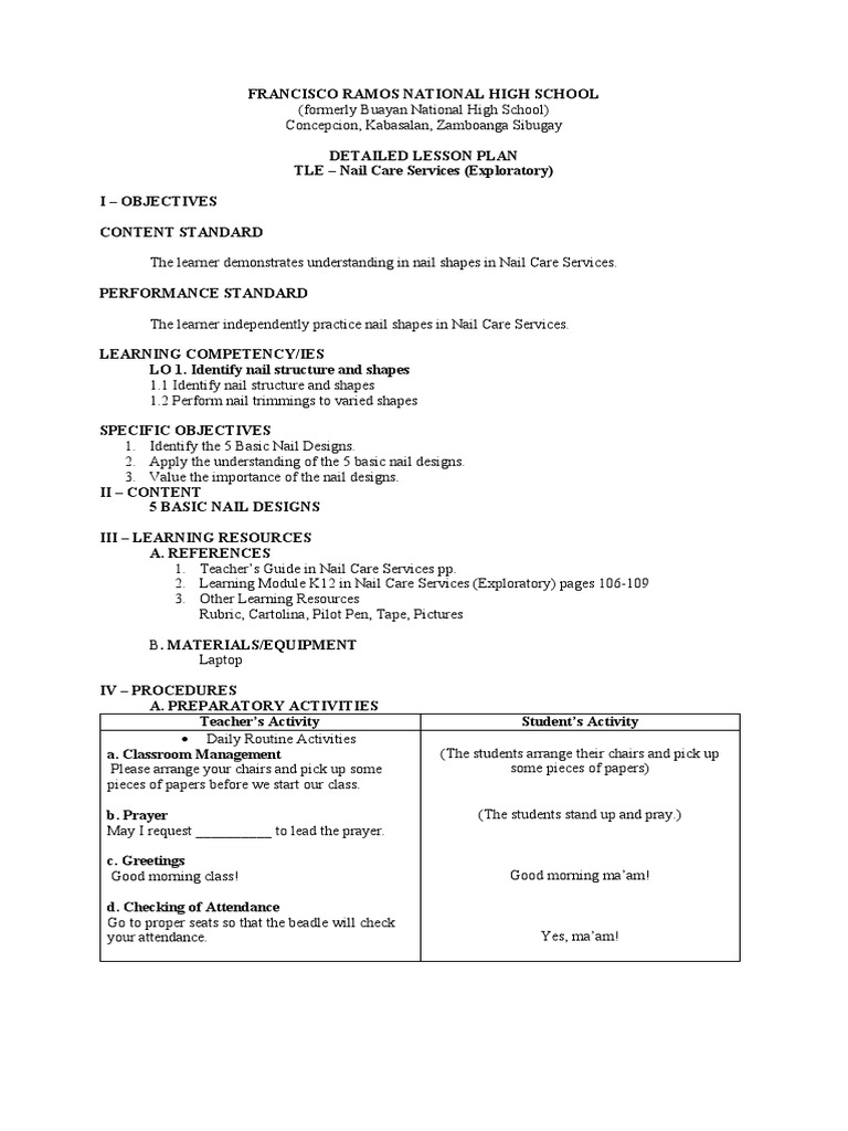 Lesson Plan 5 Basic Nail Designs | PDF | Lesson Plan | Teachers