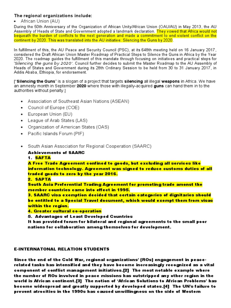 The Regional Organizations Include | PDF | African Union | Mediation