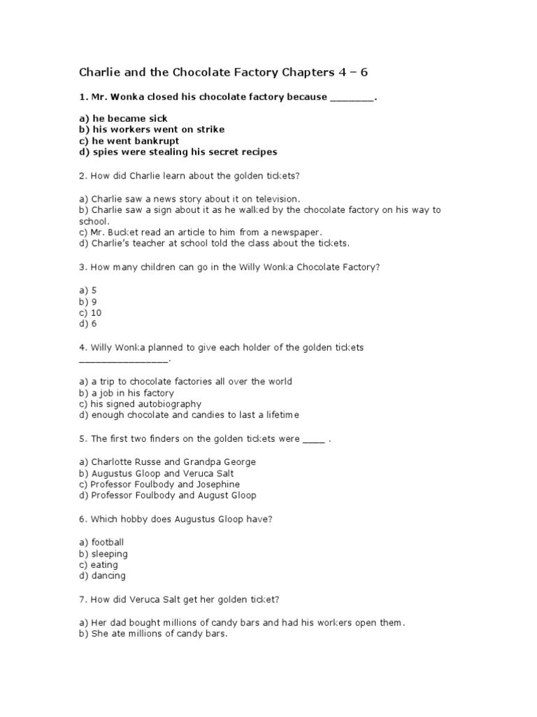 Charlie and The Chocolate Factory Chapters 4-9 | PDF | Candy | Sugar ...