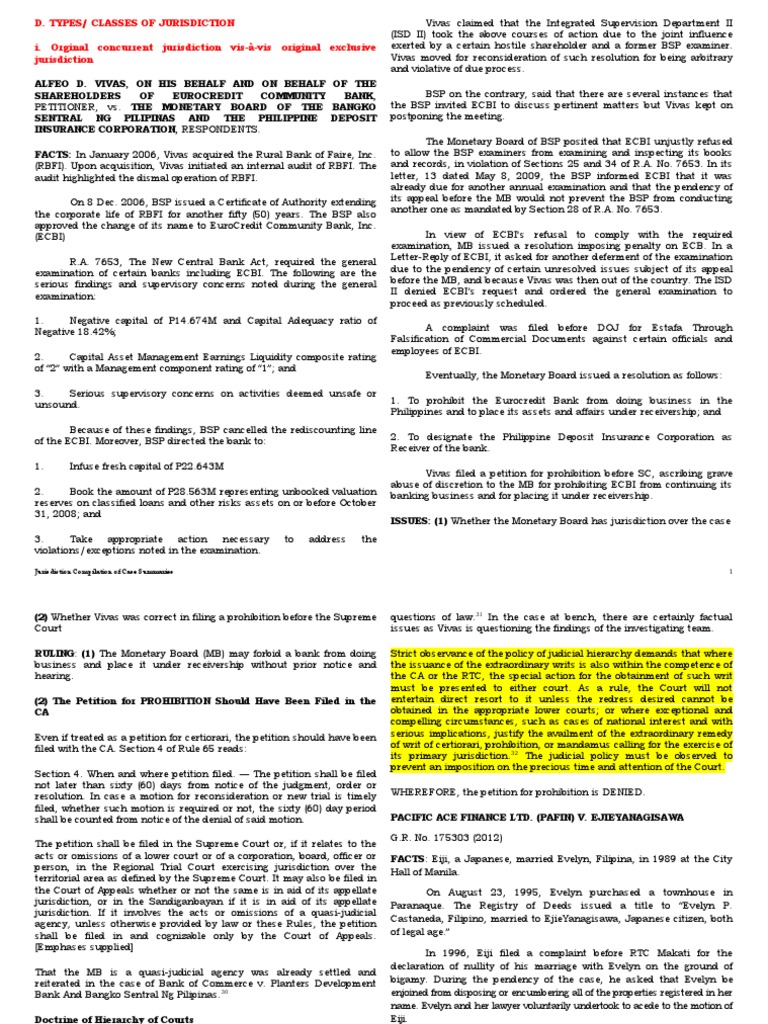 Compilation of Case Digests Jurisdiction | Download Free PDF | Writ Of Prohibition | Certiorari