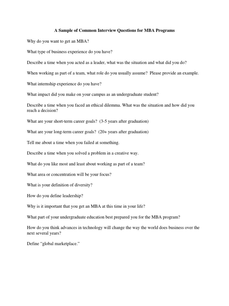 A Sample of Common Interview Questions For MBA Programs | PDF