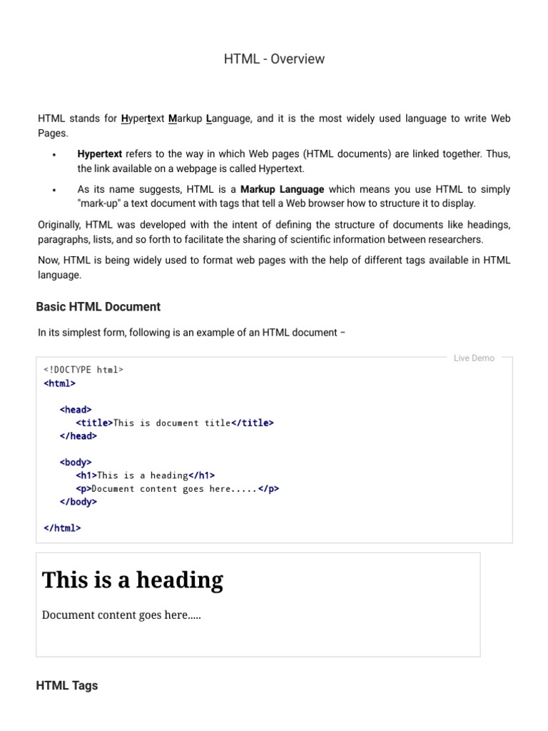 HTML - Overview - Tutorialspoint | PDF | Html | Html Element