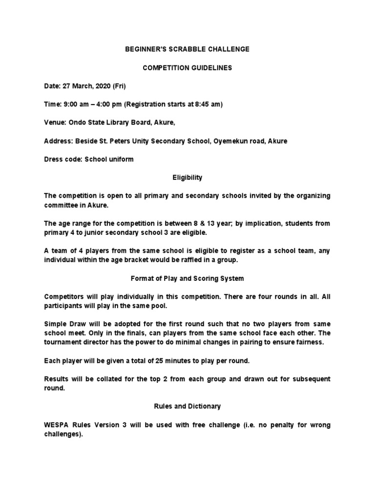 Beginner's Scrabble Challenge 2020 | PDF | Sports | Leisure