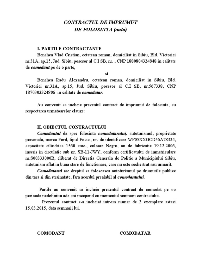 Contract de Comodat Auto | PDF