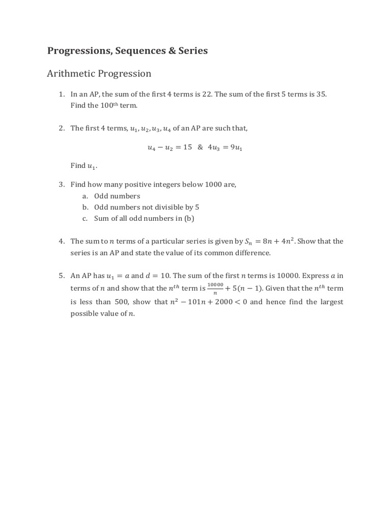 Arithmetic Progression: Progressions, Sequences & Series | PDF | Summation | Interest