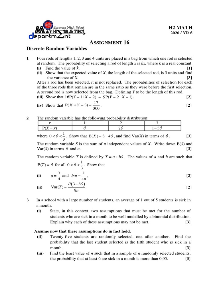 2020 Assignment 16 - Discrete Random Variables (Student) | PDF ...