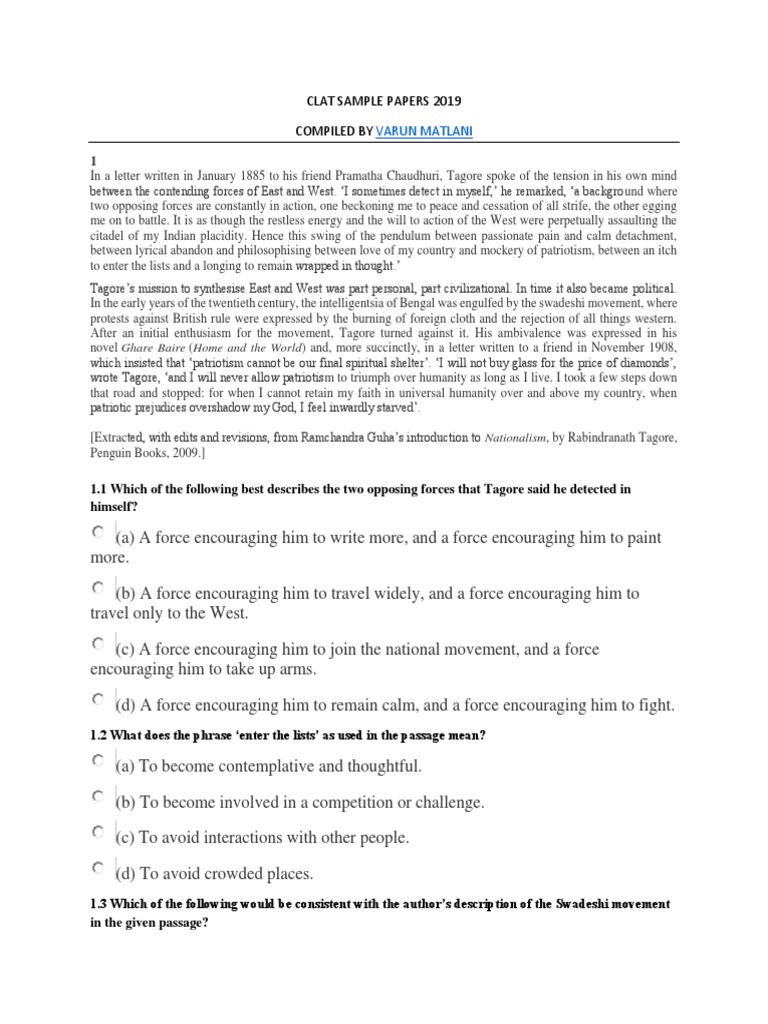 Clat Sample Papers 2019 Varun-Matlani | PDF | Social Science | Wellness