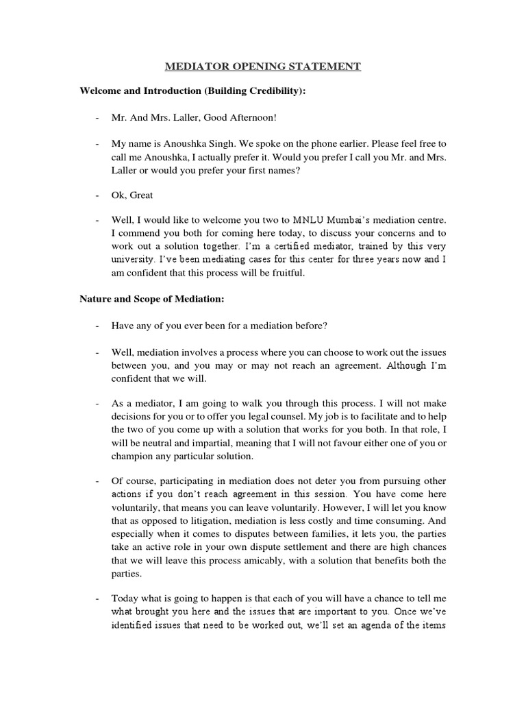 Mediator Opening Statement | PDF | Mediation | Government