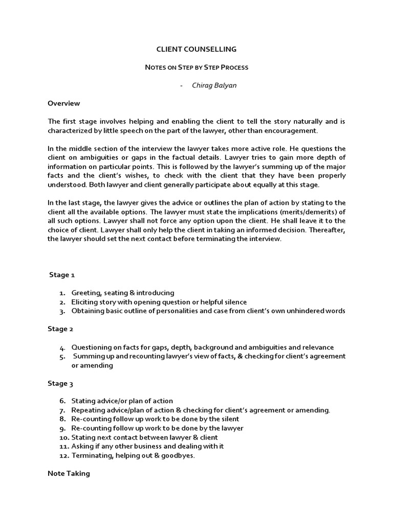 Client Counseling - Notes On Step by Step Process | PDF | Lawyer ...