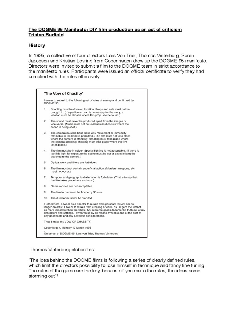 The DOGME 95 Manifesto DIY Film Producti | PDF