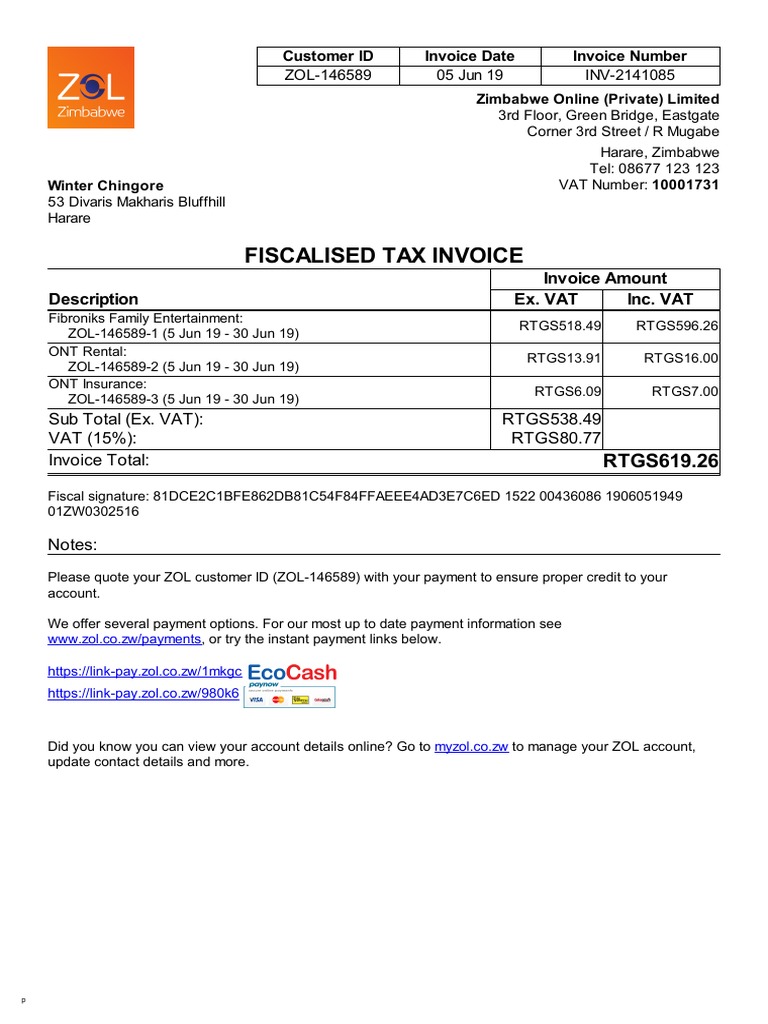 ZOL invoice statement for customer ID 146589 | PDF | Invoice | Value ...