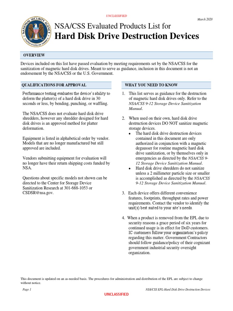 Hard Disk Drive Destruction Devices: NSA/CSS Evaluated Products List ...