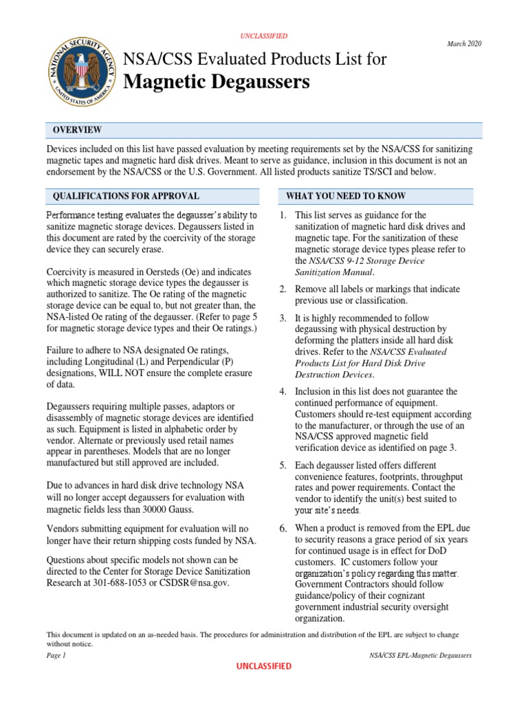 Magnetic Degaussers: NSA/CSS Evaluated Products List For | PDF ...