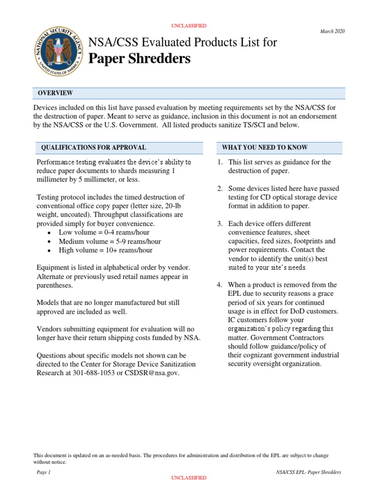 Paper Shredders: NSA/CSS Evaluated Products List For | PDF | National ...