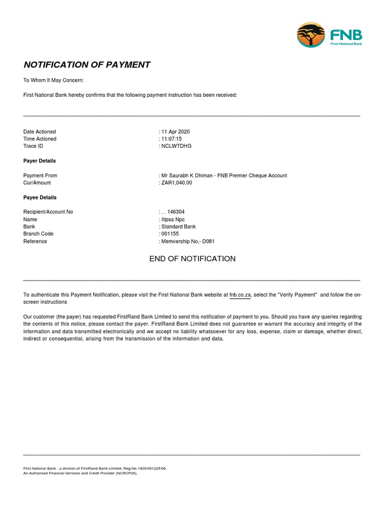 Notification of Payment: Payer Details | PDF | Payments | Cheque