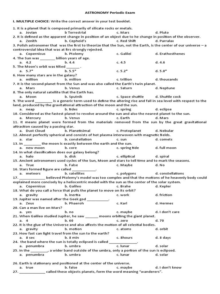 ASTRONOMY Periodic Exam I. MULTIPLE CHOICE: Write The Correct Answer in ...