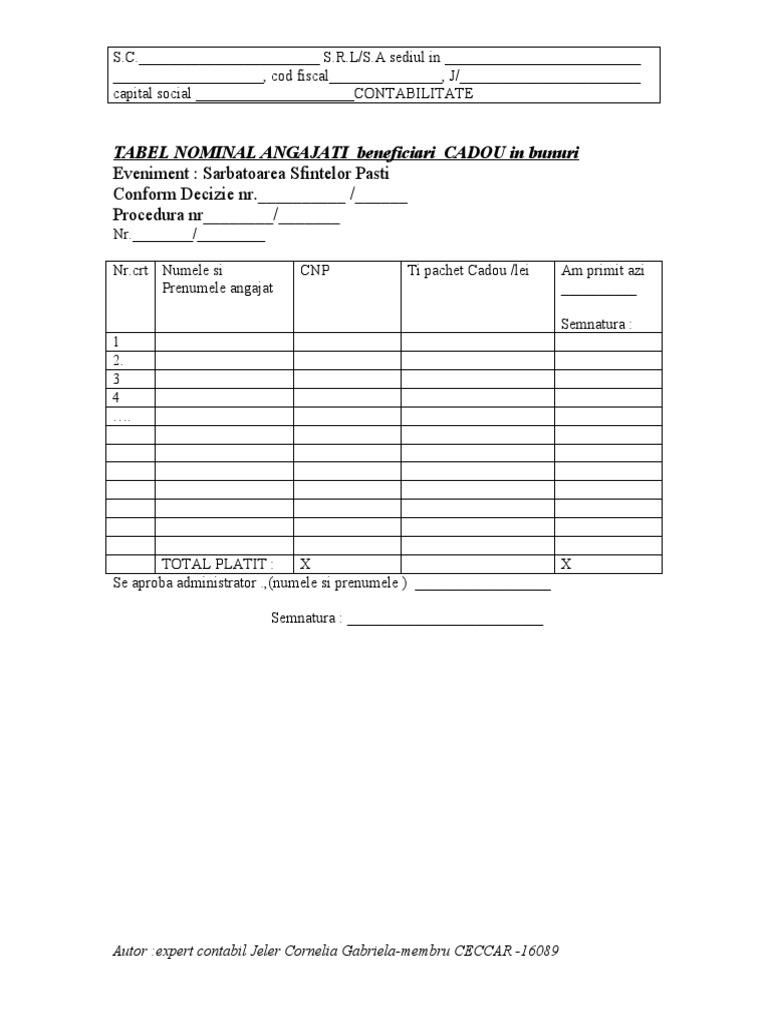 Tabel Nominal Salariati Cadouri in Bunuri - Anexa nr.4 | PDF