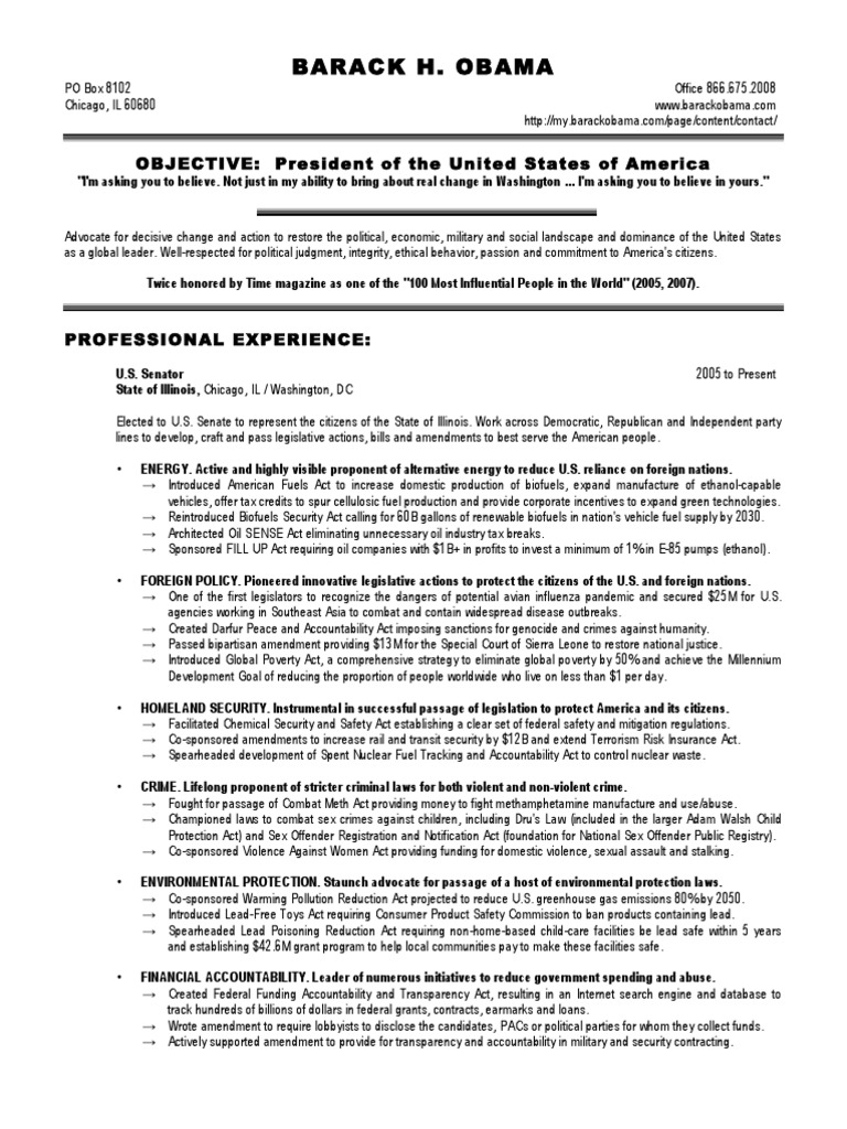 Senator Barrack Obama Resume | The United States | Barack Obama