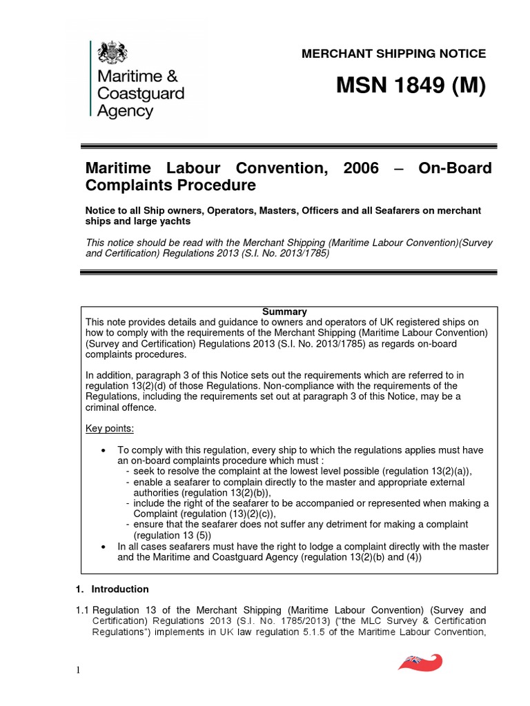 MSN 1849 (M) : Maritime Labour Convention, 2006 - On-Board Complaints ...