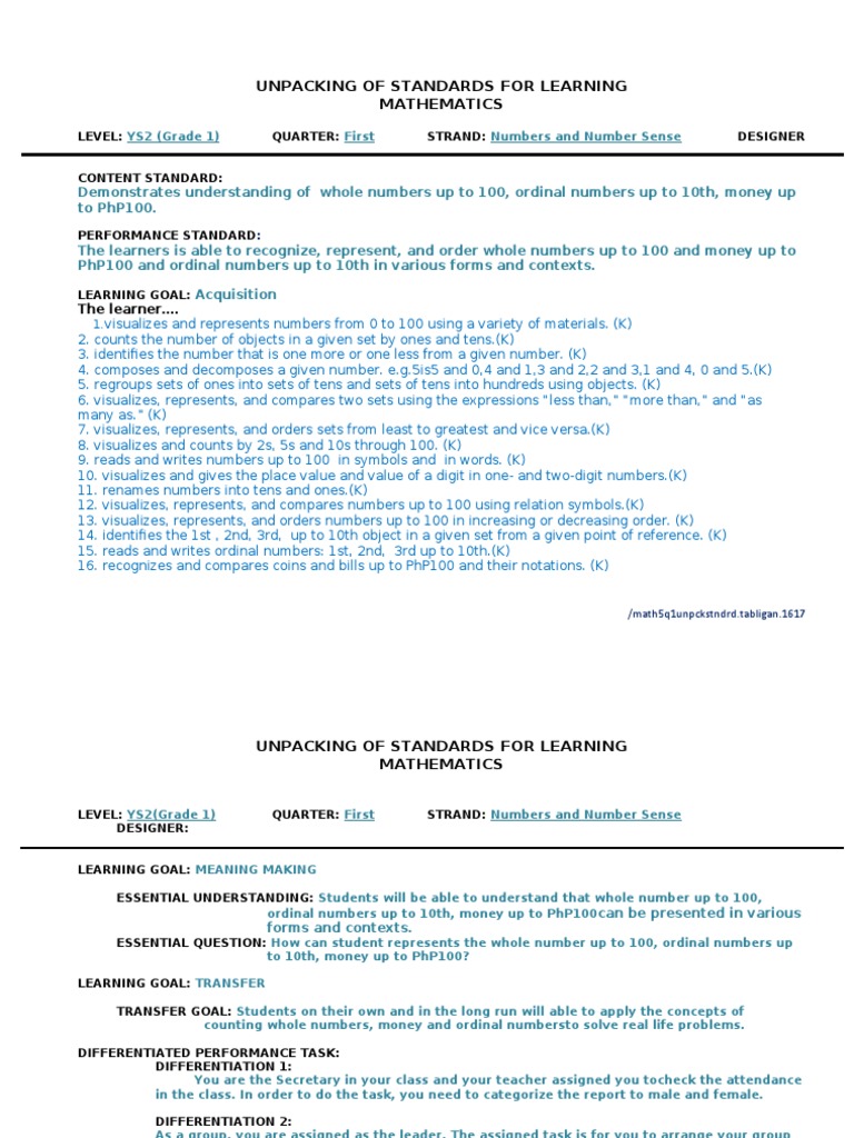 UNPACKING MATH Grade 1 | PDF | Natural Number | Numbers