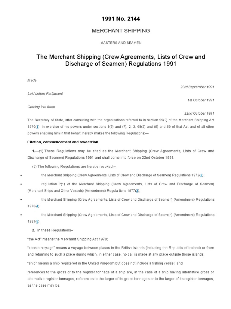 The Merchant Shipping (Crew Agreements, Lists of Crew and Discharge of ...