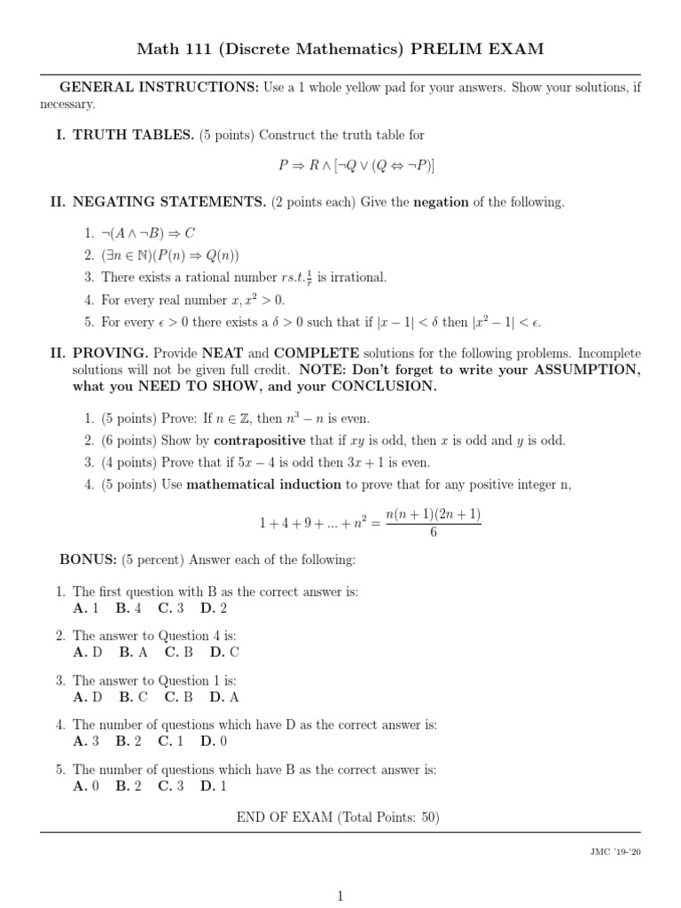Math 111 Prelim Exam | PDF