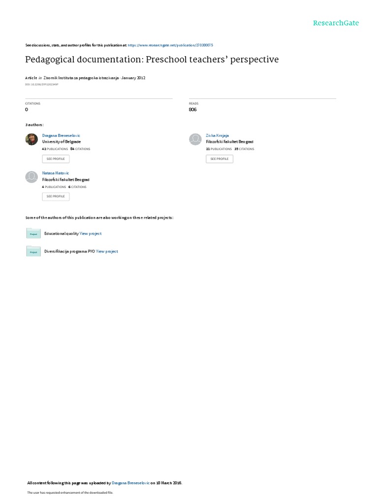 Pedagogical Documentation Preschool Teachers Pers | PDF