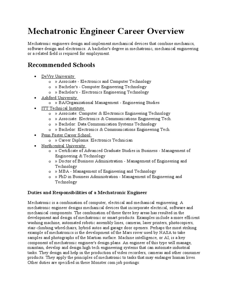 Mechatronic Engineer Career Overview | PDF | Physical Therapy | Engineering