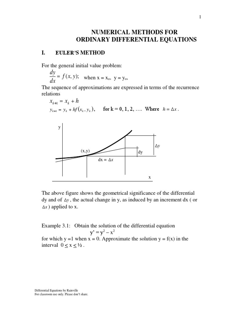 Numerical Methods For Ordinary Differential Equations: y X F DX Dy ...