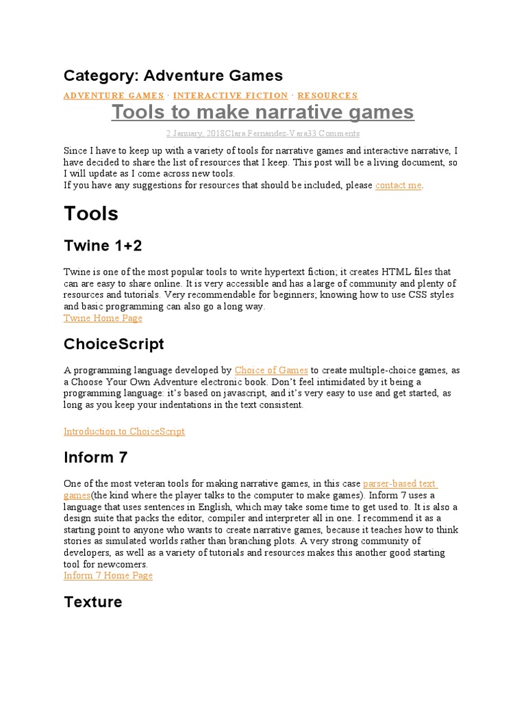 Tools for Creating Narrative Games | PDF | Unity (Game Engine) | Computing