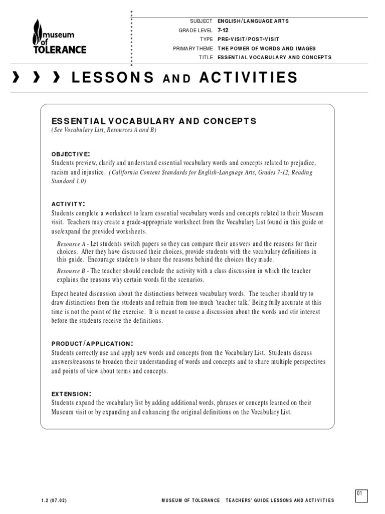 Lessons Activities: Essential Vocabulary and Concepts | PDF | Racism ...