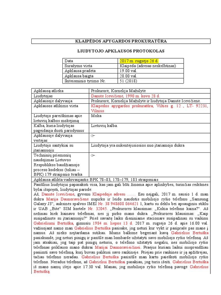 Liudytojo Apklausos Protokolas | PDF