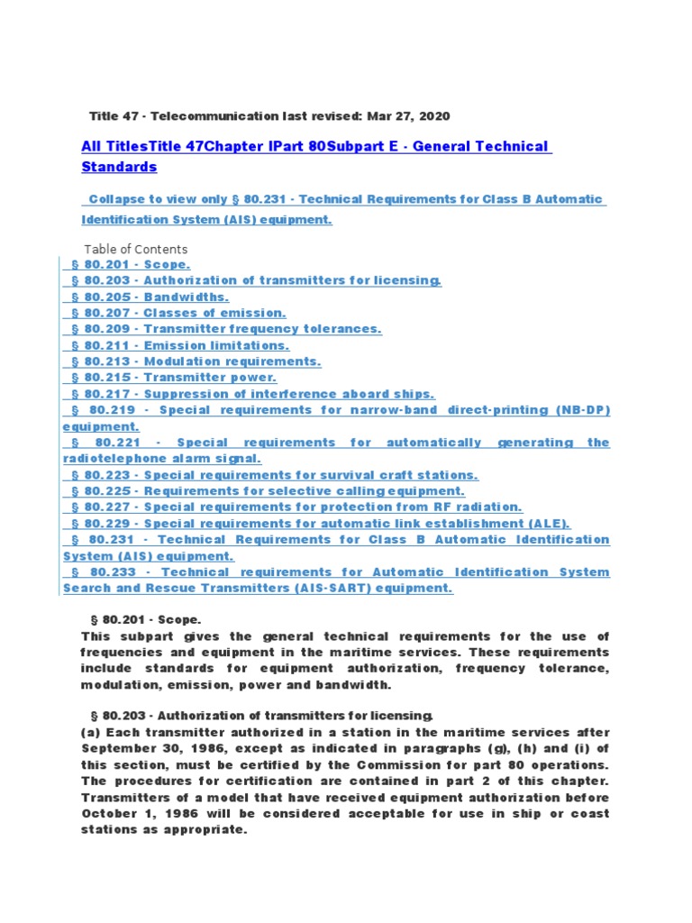 Title 47 Telecommunication Last Revised Mar 27 2020 | PDF | Transmitter ...