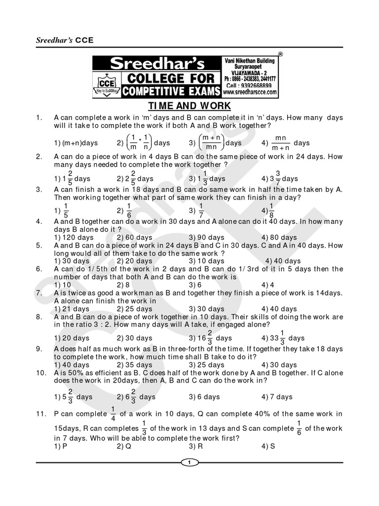 Time and Work Problem Set | PDF | Wage | Speed